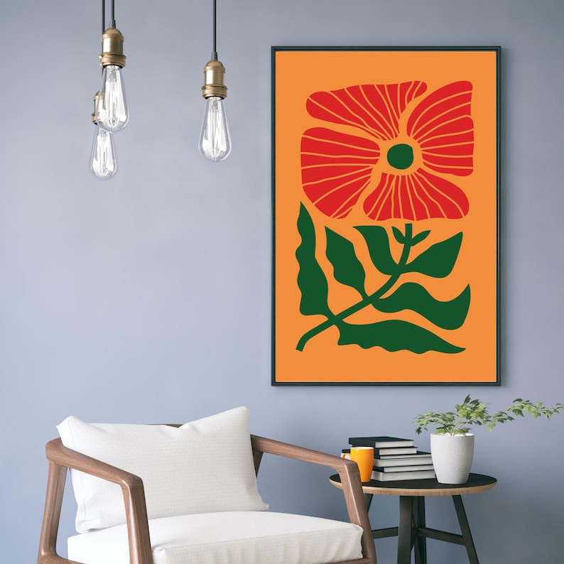 Mid-century Modern Red Flower Art Print on Bright Orange Background ...