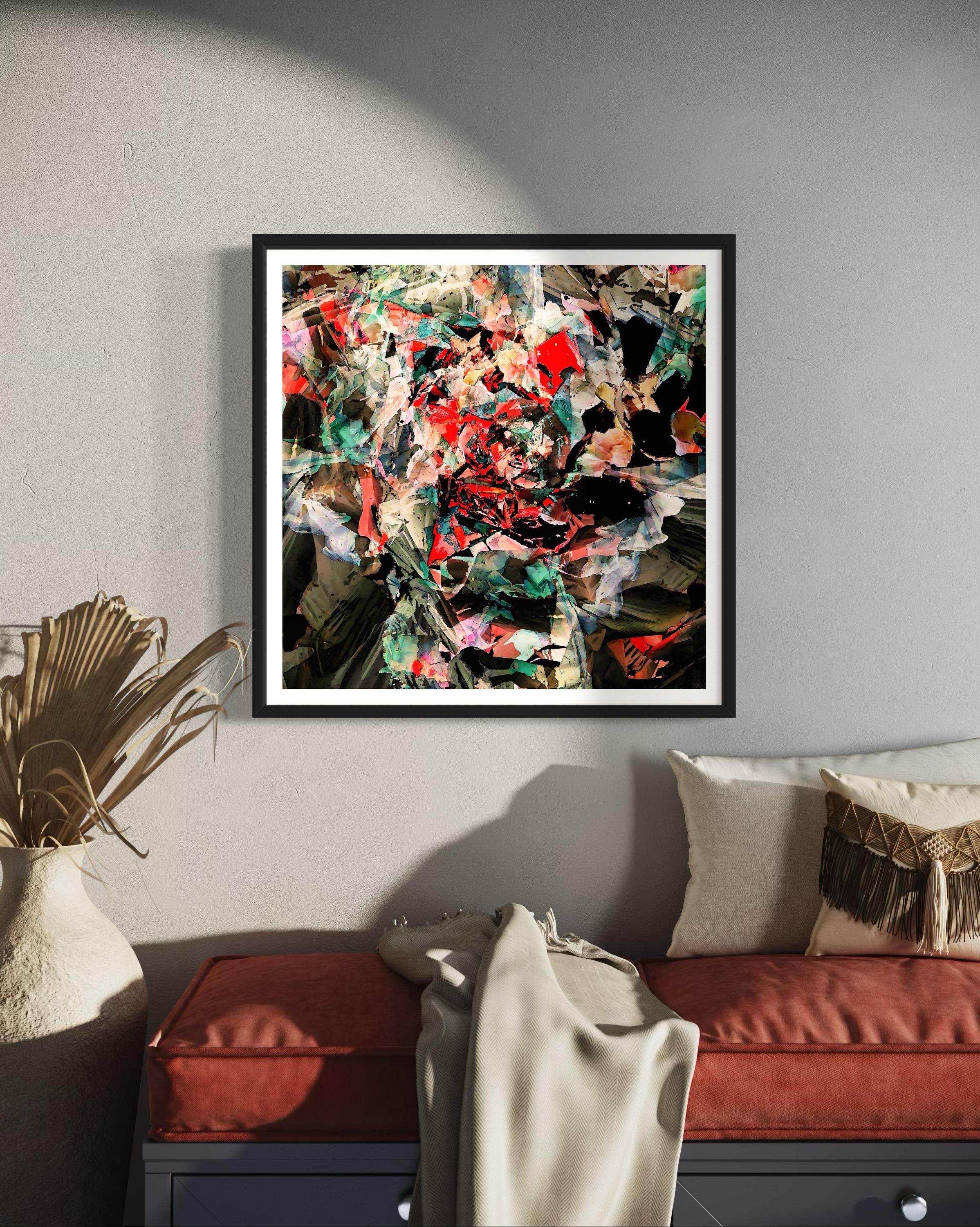 Abstract Digital Art Print - Bold Red, Green & Black Textured Collage ...