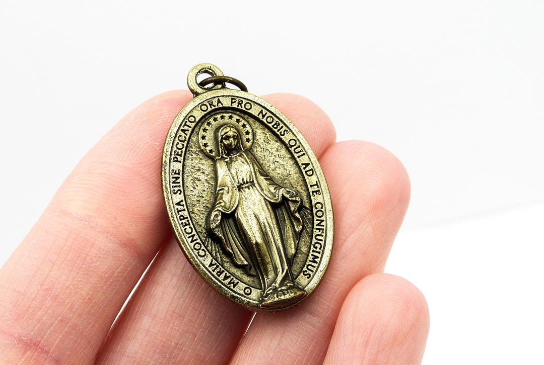 Miraculous Medal of Our Lady Large Size 3cm Brass Tone Virgin Mary ...
