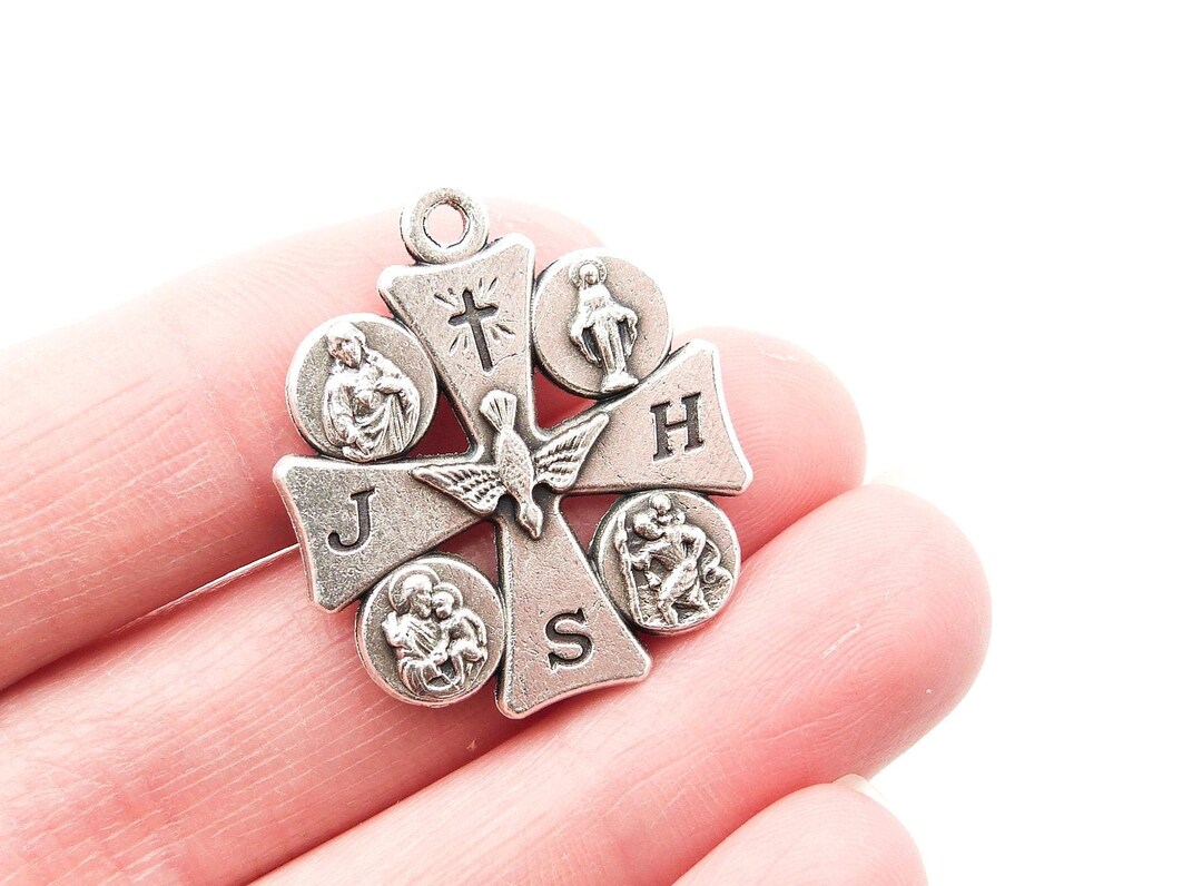 4 Way Catholic Cross Medal Miraculous Medal Sacred Heart St Jospeh St ...