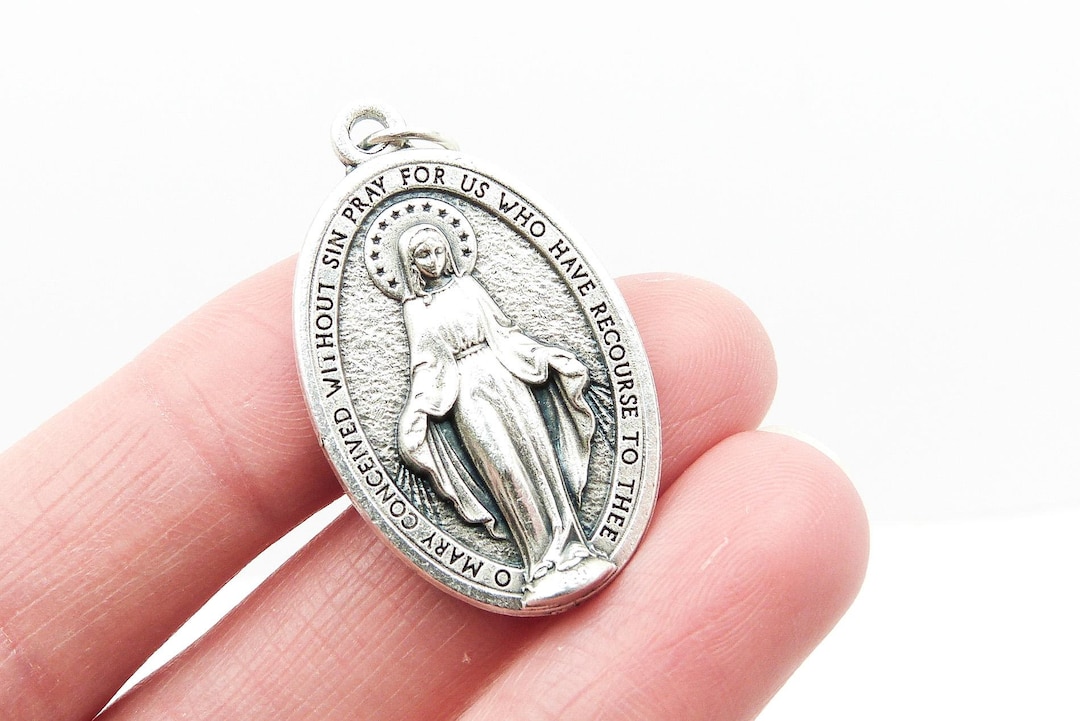 Miraculous Medal of Our Lady Large Size 3cm Silver Tone Virgin Mary ...