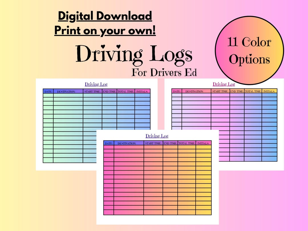 Vibrant Driver's Ed Log Sheets 11 Color Options Printable Driving Log ...