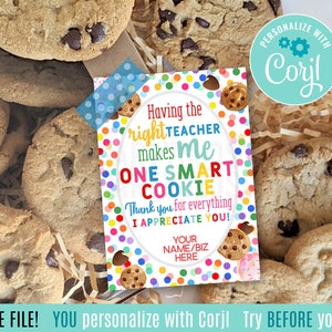 Editable Cookie One Smart Cookie Teacher Appreciation Printable Tag ...