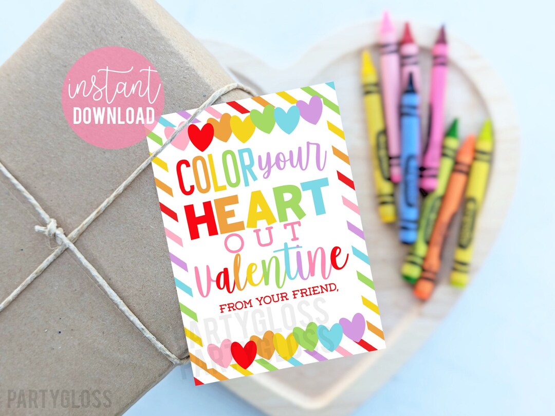 Rainbow Crayon Valentine's Day Printable Tags, Color Your Heart Out ...