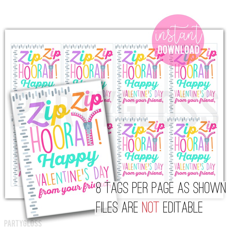 Zipper Bracelet Valentine's Day Printable Tag Zip Zip Hooray Valentine ...
