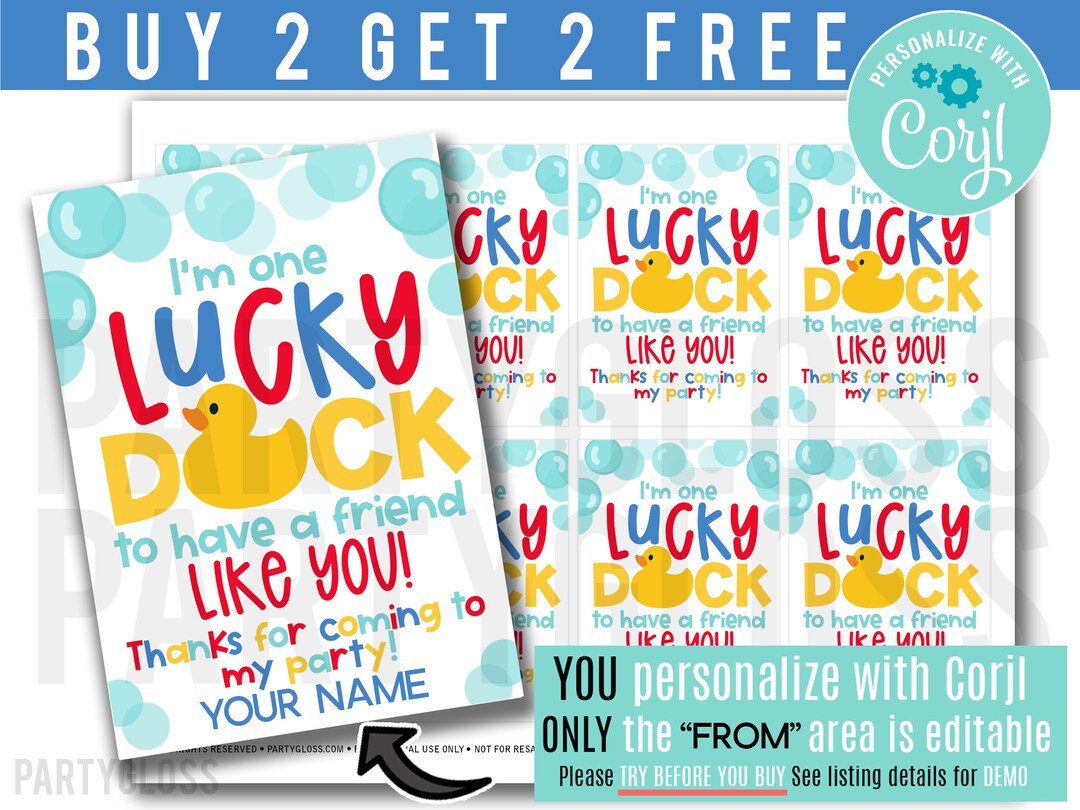 Editable Rubber Duck Birthday Party Printable Favor Tags, I'm One Lucky ...