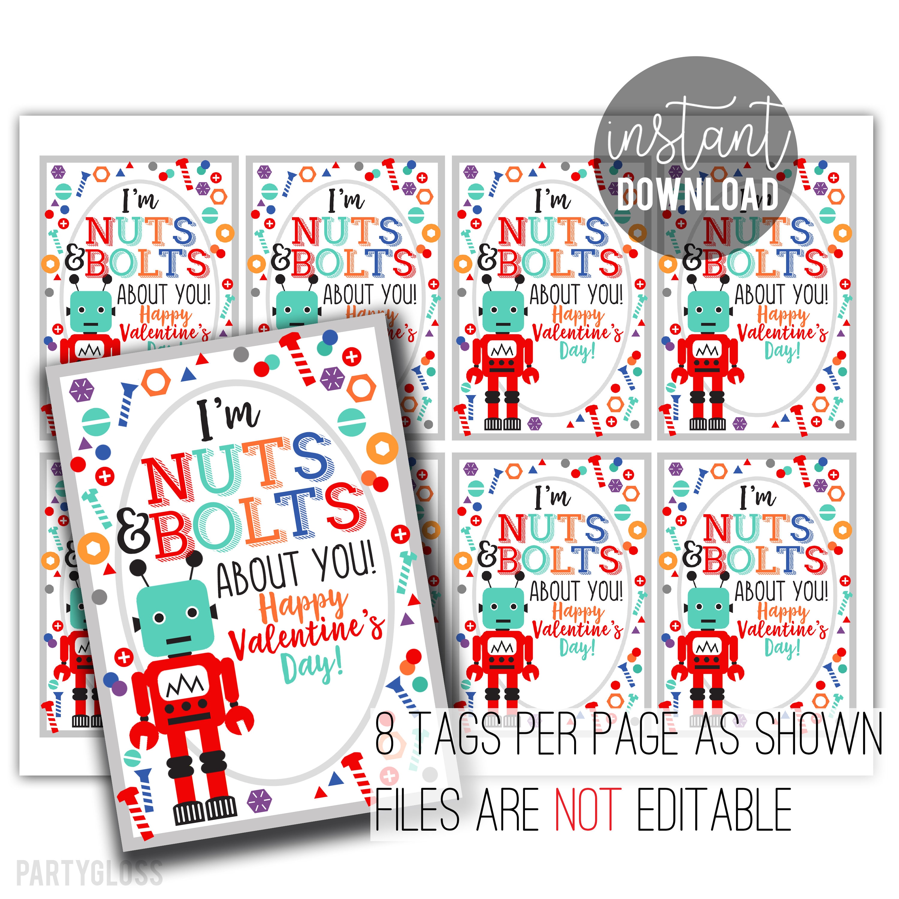 Robot Valentine&#039;s Day Printable Tags Nuts &amp; Bolts About - Etsy