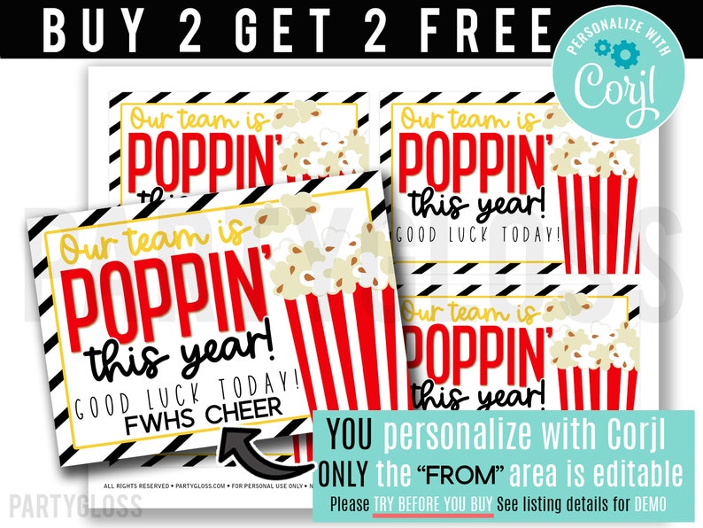 Editable Good Luck Team Printable Tag | Good Luck Popcorn Card ...