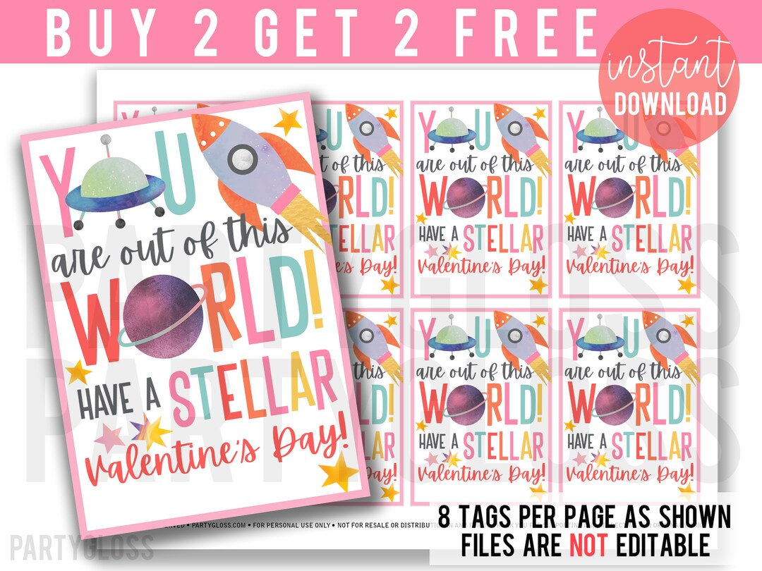 Space Galaxy Valentine's Day Printable Tag, Out of This World, Girly ...