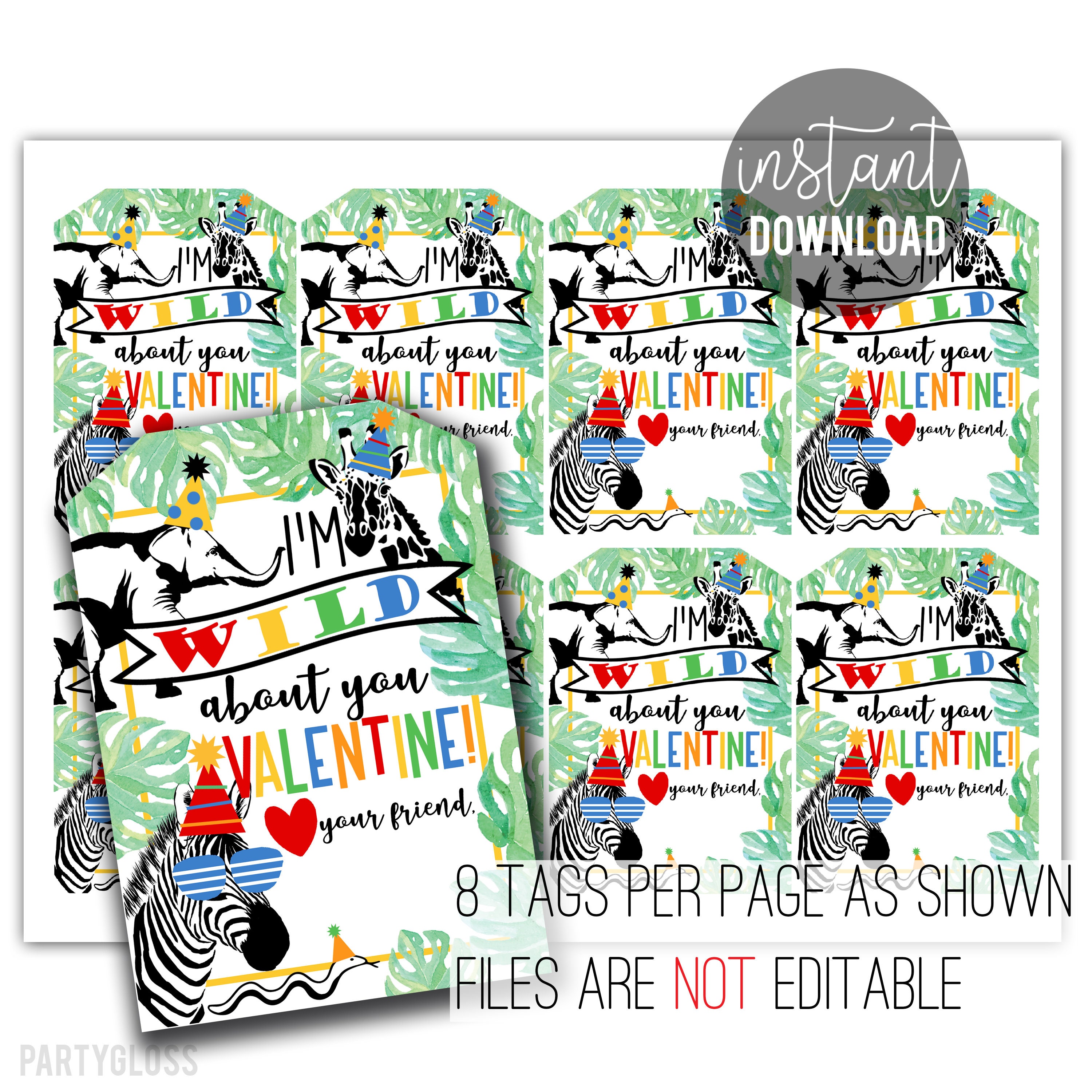 Wild Animal Valentine's Day Printable Tag Jungle | Etsy