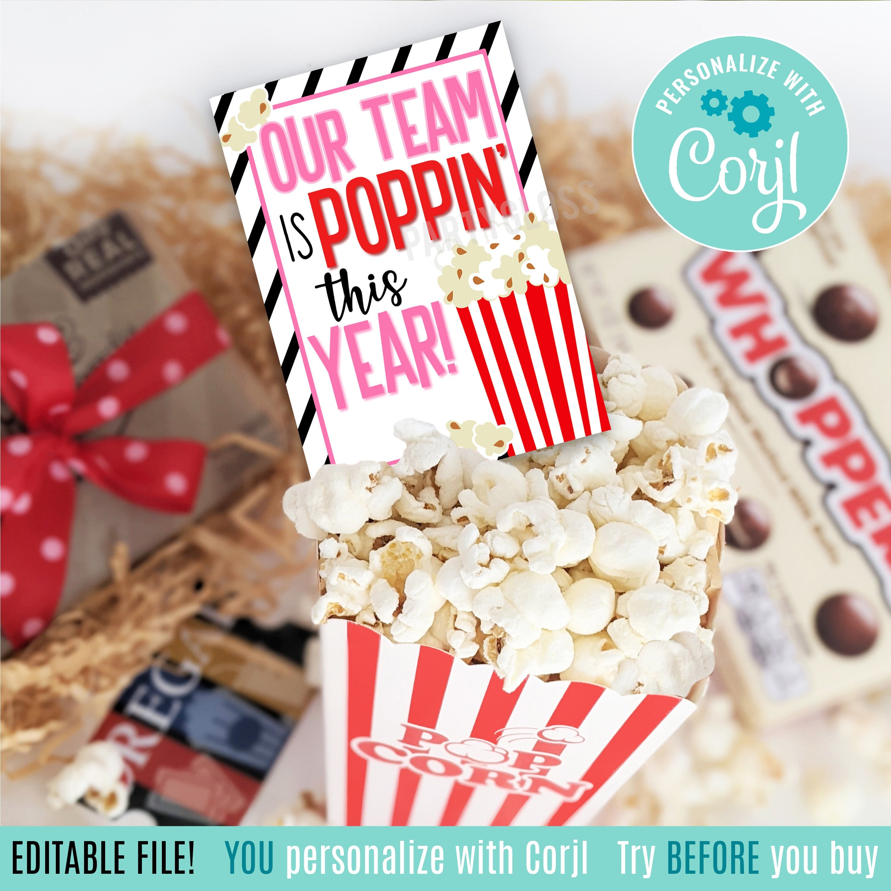 Editable Our Team is Poppin' Printable Popcorn Tag Pink - Etsy