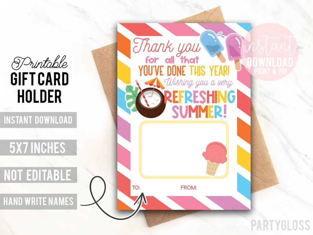 End of the Year Printable Gift Card Holder Teacher Appreciation Thank ...