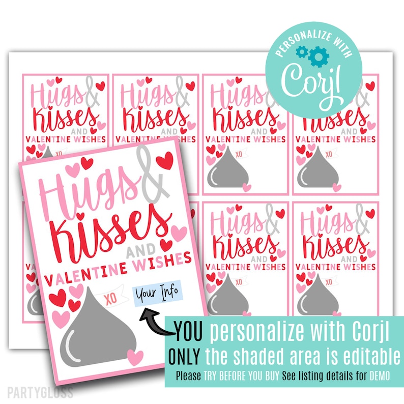 Editable Valentine's Day Printable Tags Hugs and Kisses - Etsy