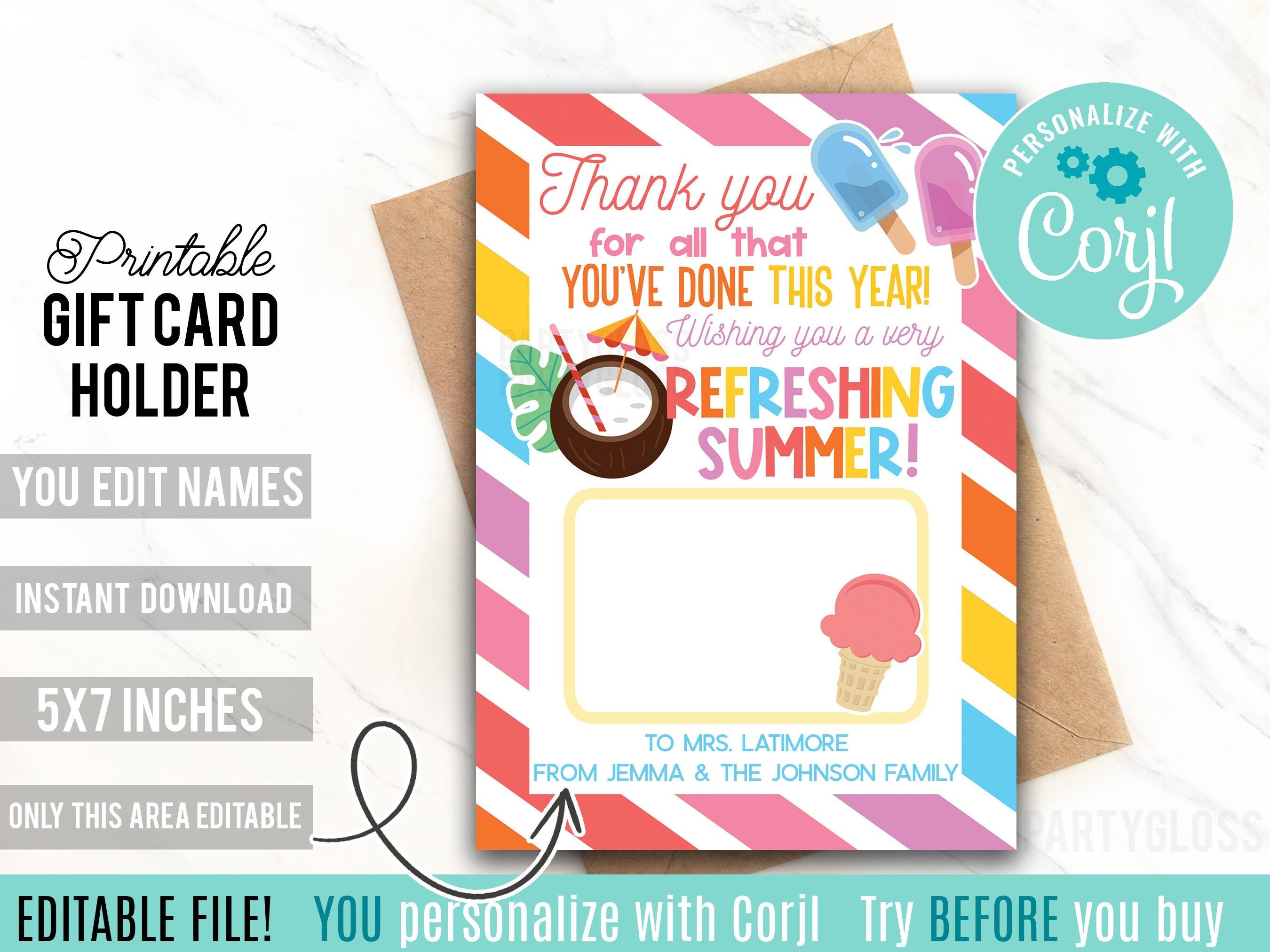 Editable End of the Year Printable Gift Card Holder Teacher ...