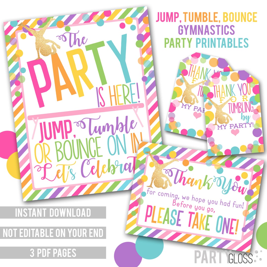 Gymnastics Jump Tumble Bounce Party Printables | Gymnastics Rainbow ...