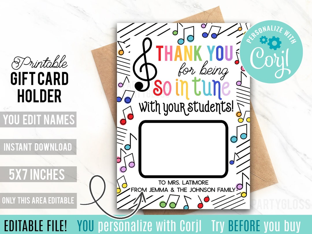 Editable Music Teacher Appreciation Printable Gift Card Holder Thank ...