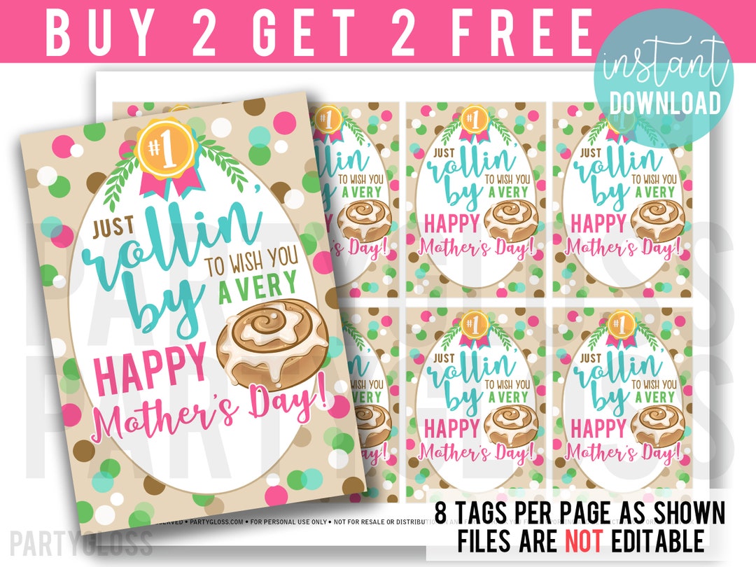 Mother's Day Cinnamon Roll Printable Tags, Rollin' By, Baked Goods Tag ...