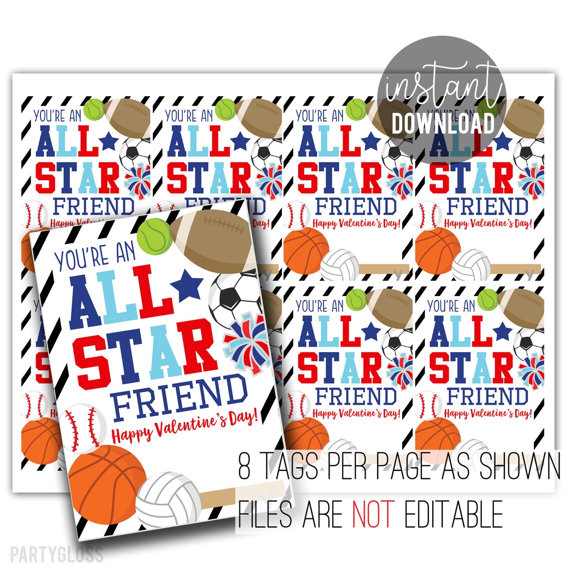 Sports Valentine's Day Printable Tags All Star Friend - Etsy