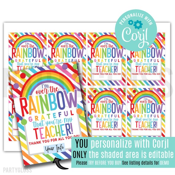 Editable Teacher Appreciation Printable Tag Over the Rainbow | Etsy