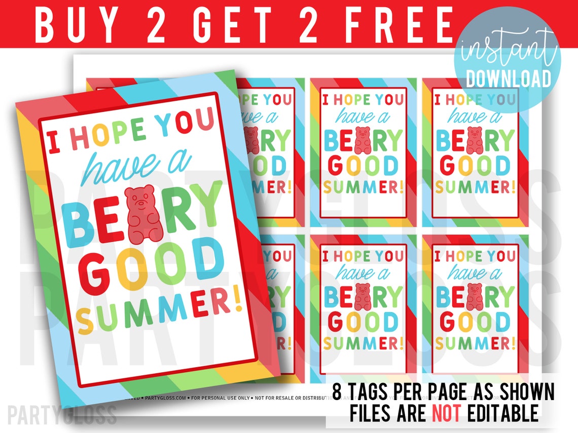 Beary Good Summer Printable Tags, End of the Year, School's Out, Gummy ...