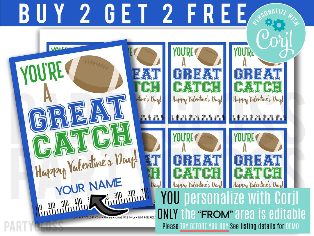 Editable Football Valentine's Day Printable Tags You're A Great Catch ...
