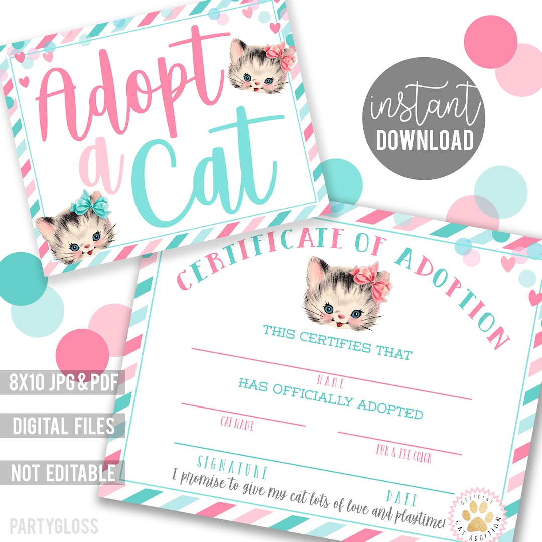 Cat Adoption Certificate Printable | Kitten Party Activity | Kitty ...