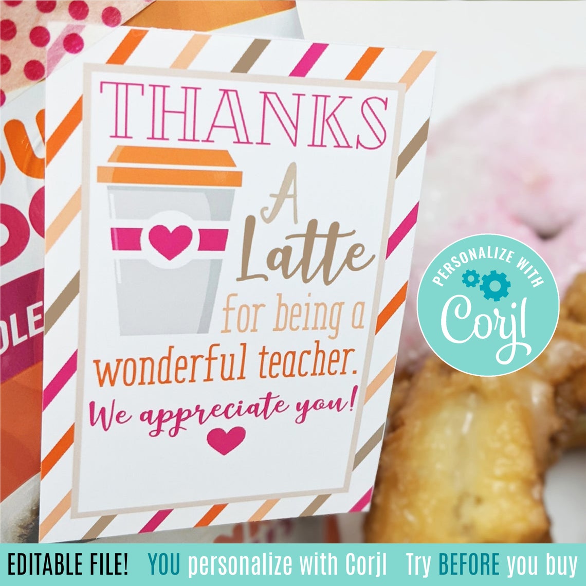 Editable Teacher Appreciation Printable Tag Thanks A Latte - Etsy