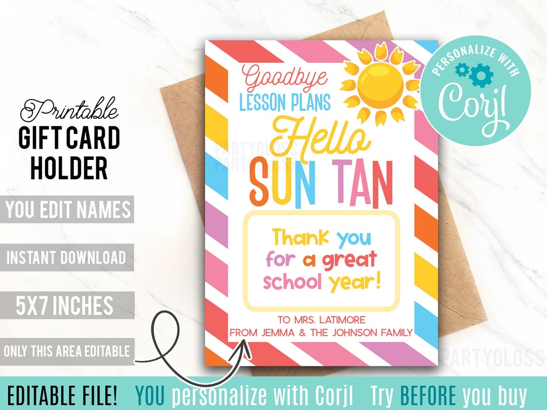 Editable End of the Year Printable Gift Card Holder Teacher ...