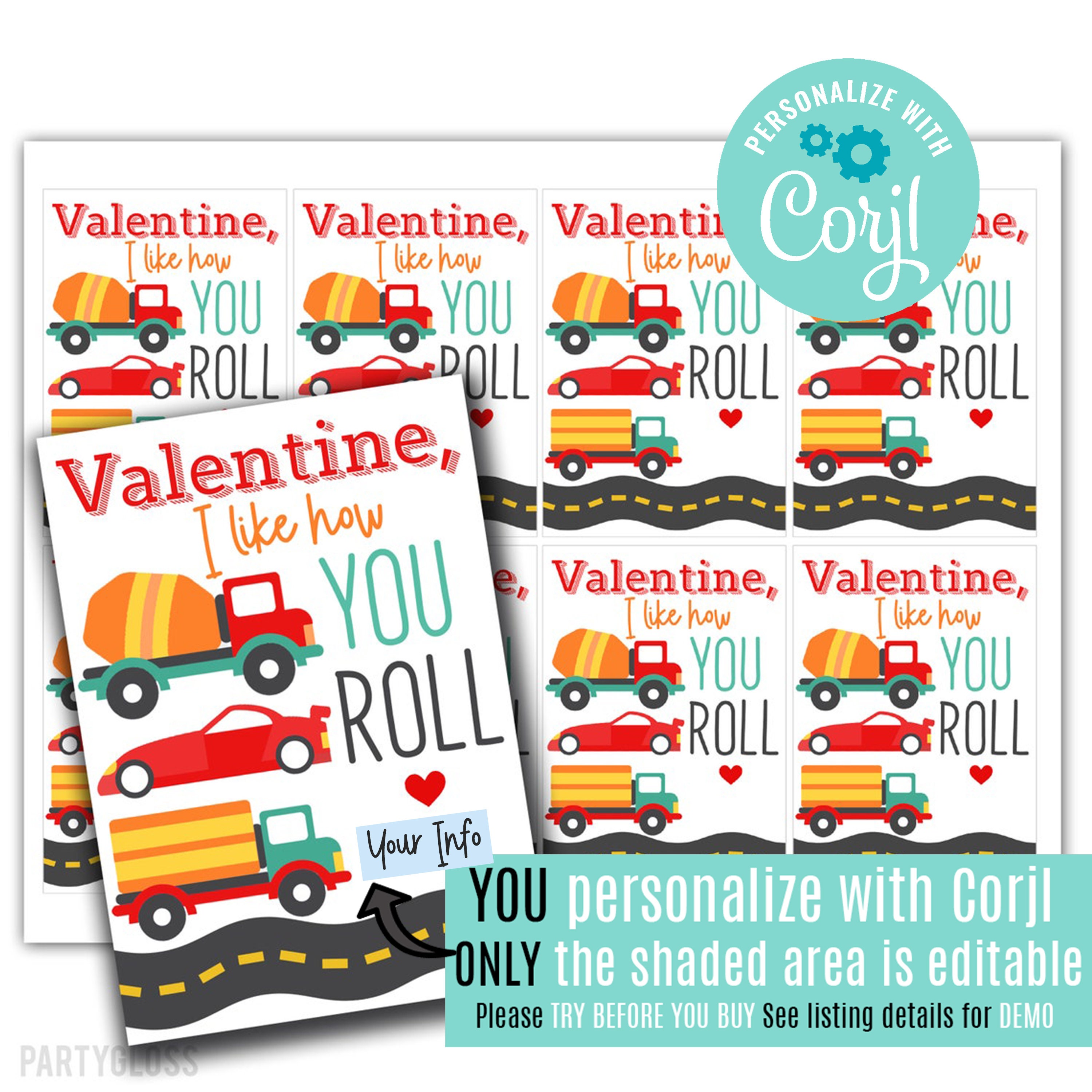 Editable Valentine's Day Printable Gift Tags, Cars and Trucks Valentine ...