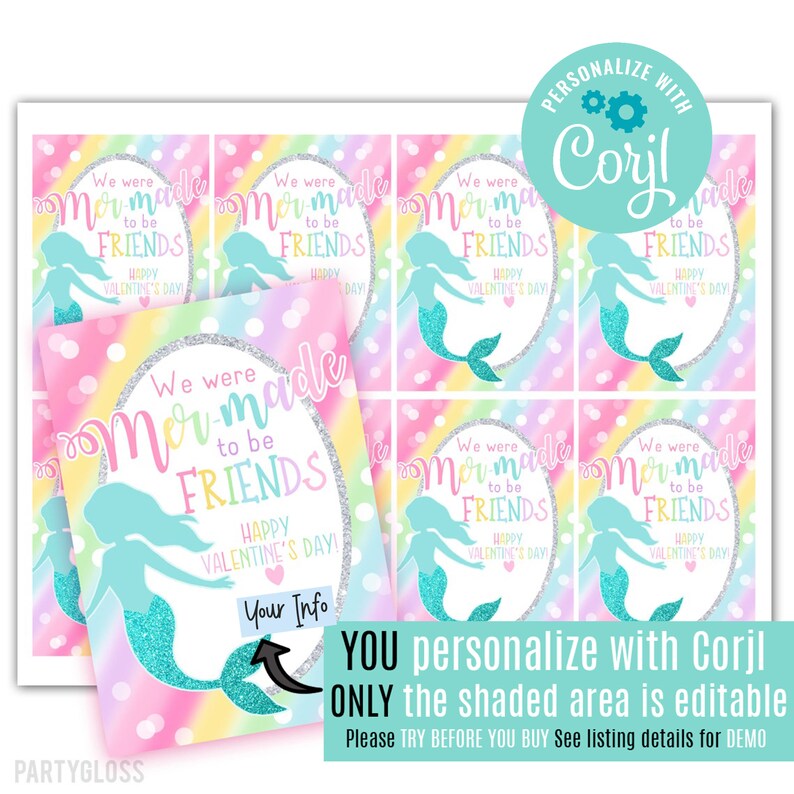 Editable Mermaid Valentine's Day Printable Tags Valentine - Etsy