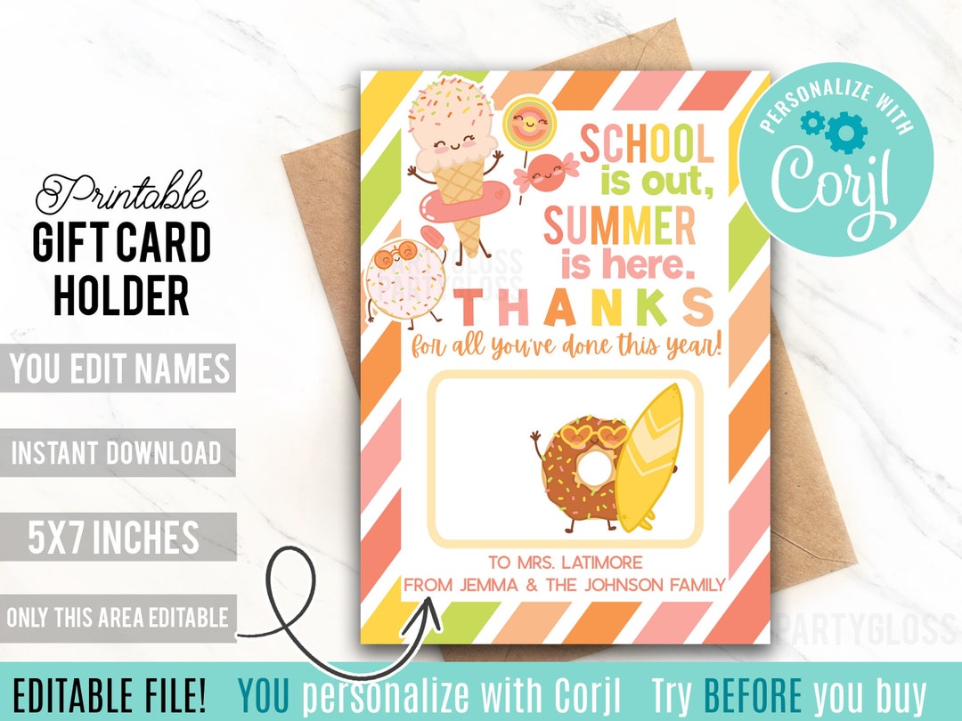 Editable Teacher Appreciation Printable Gift Card Holder Summer Break ...