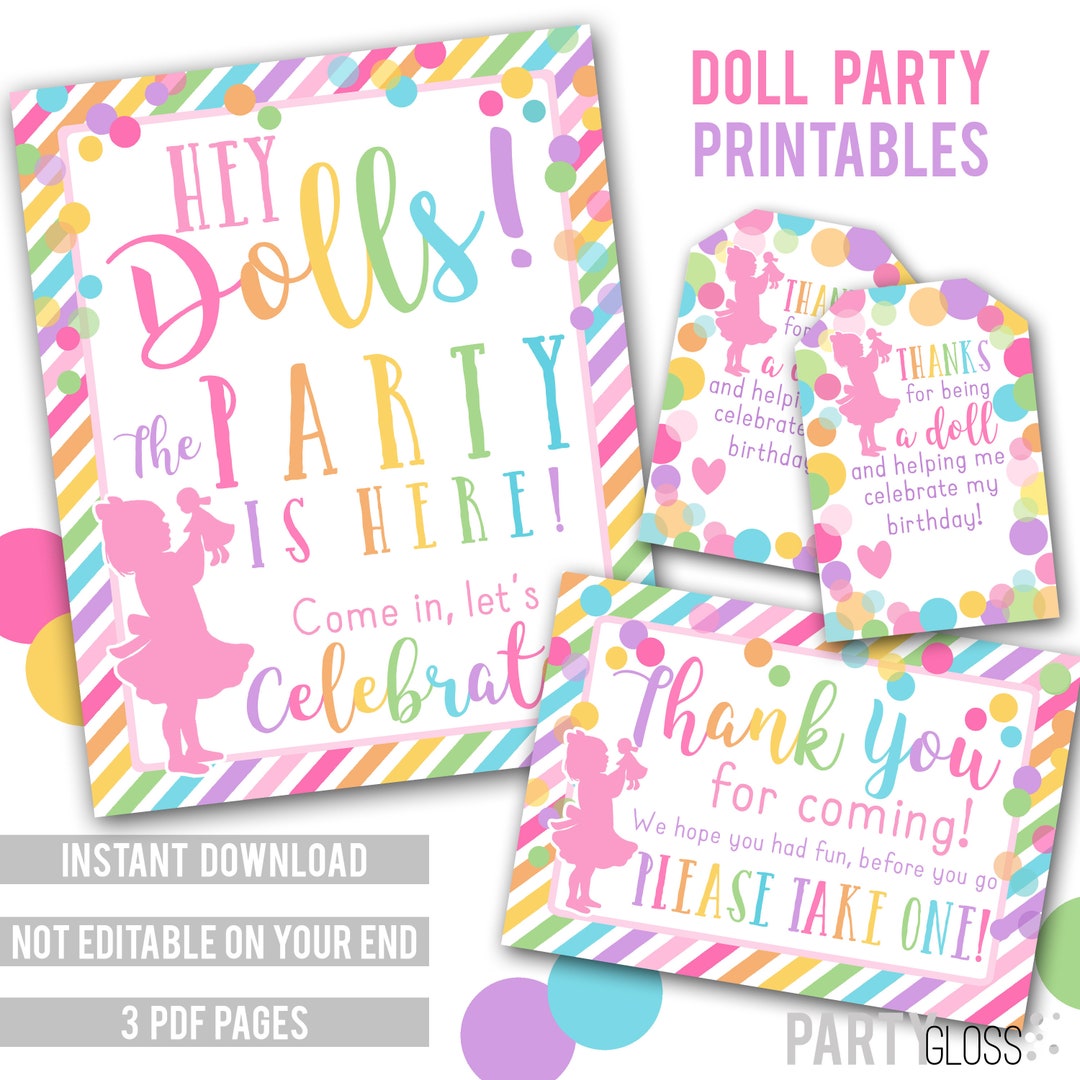 Doll Party Printable Files, Doll Rainbow Printables Favor Tag Dolly and ...