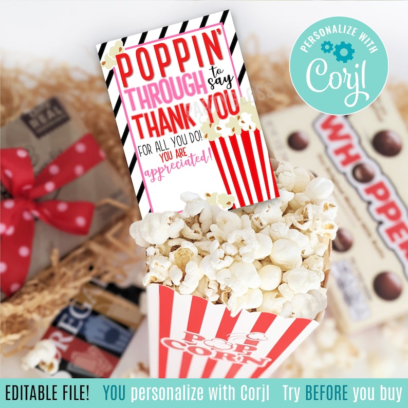 Editable Popcorn Appreciation Printable Tag Pink Popcorn - Etsy