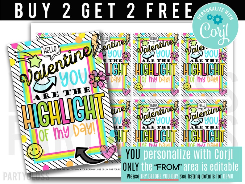 Editable Valentine's Day Printable Tags Neon Highlighter - Etsy