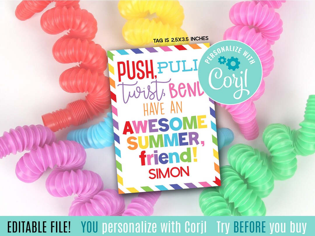 Editable Fidget Sensory End of the Year Printable Tags, Non Food, Push ...