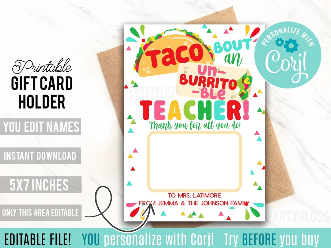 Editable Teacher Appreciation Printable Gift Card Holder Taco Bout an ...