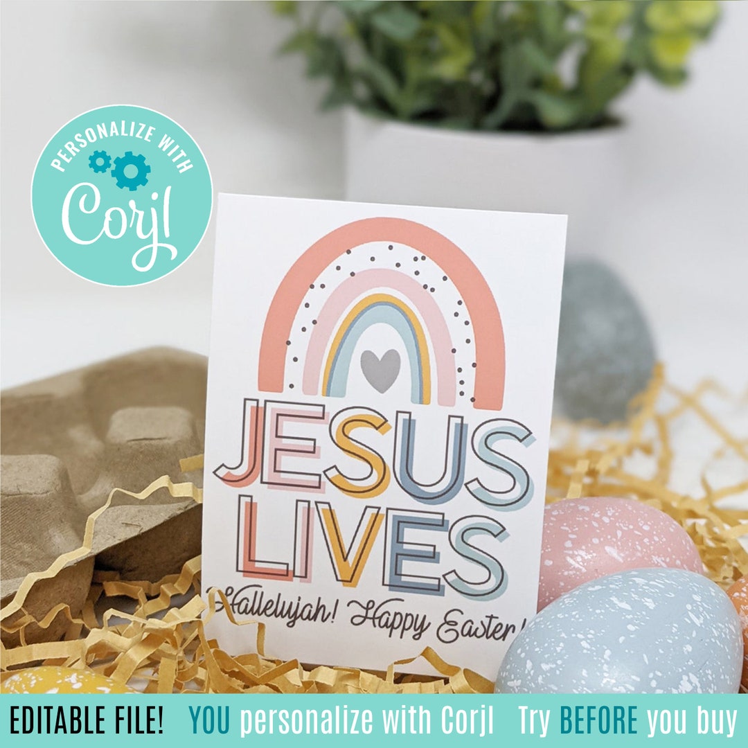 Editable Easter Printable Tags, Jesus Lives Tag Boho Rainbow Easter ...