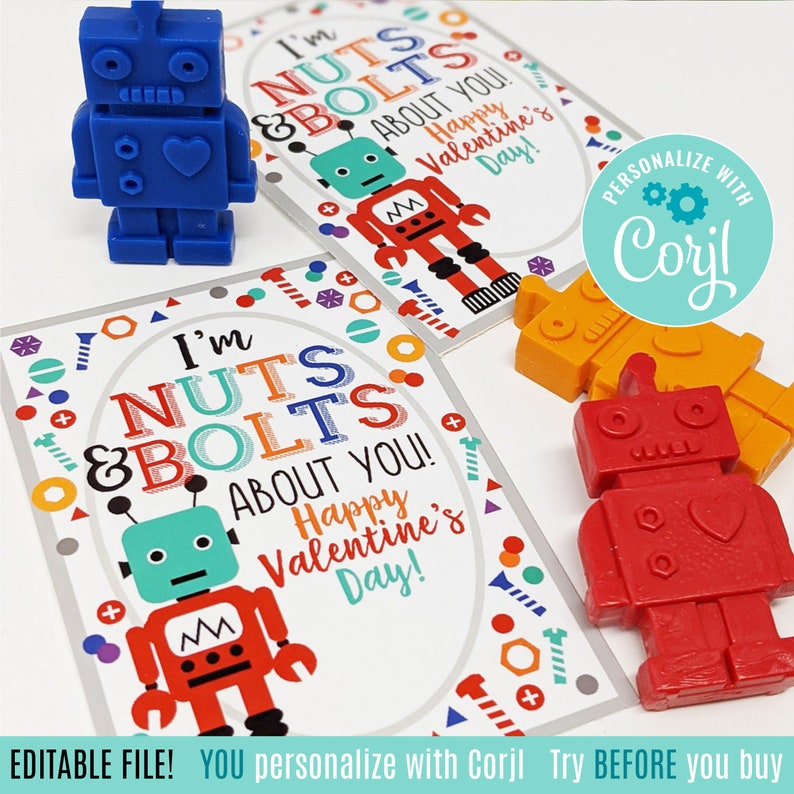 Editable Robot Valentine's Day Printable Nuts & Bolts - Etsy