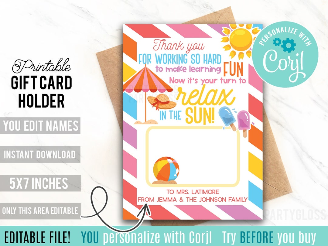 Editable End of the Year Printable Gift Card Holder Teacher ...