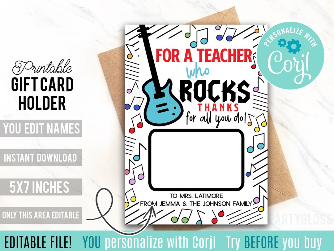 Editable Music Teacher Appreciation Printable Gift Card Holder for A ...