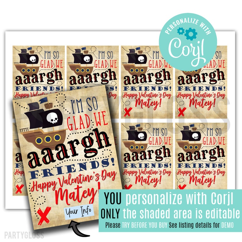 Editable Pirate Valentine's Day Printable Tag Pirate | Etsy