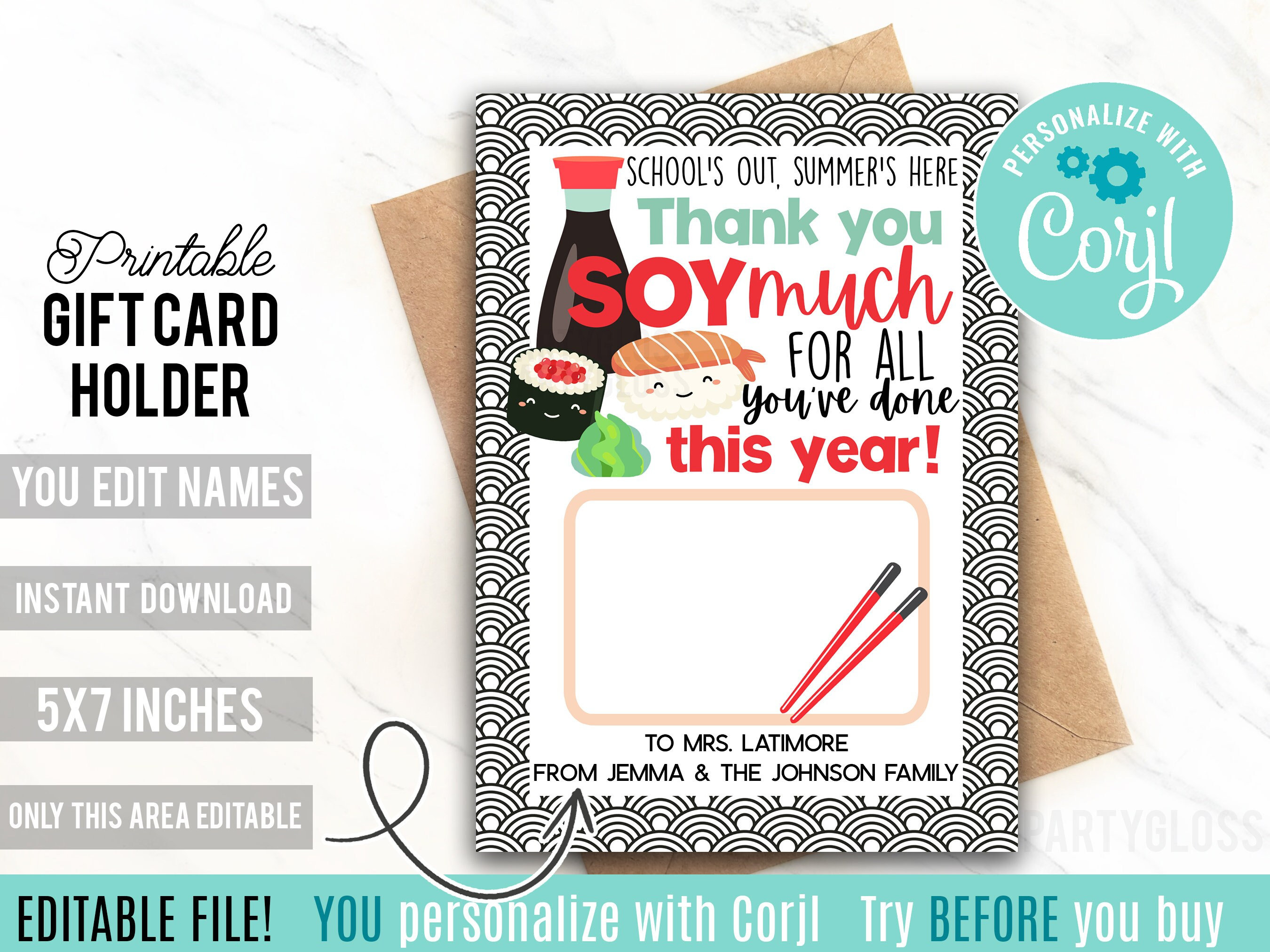 Editable Teacher Appreciation Printable Gift Card Holder Sushi Roll ...