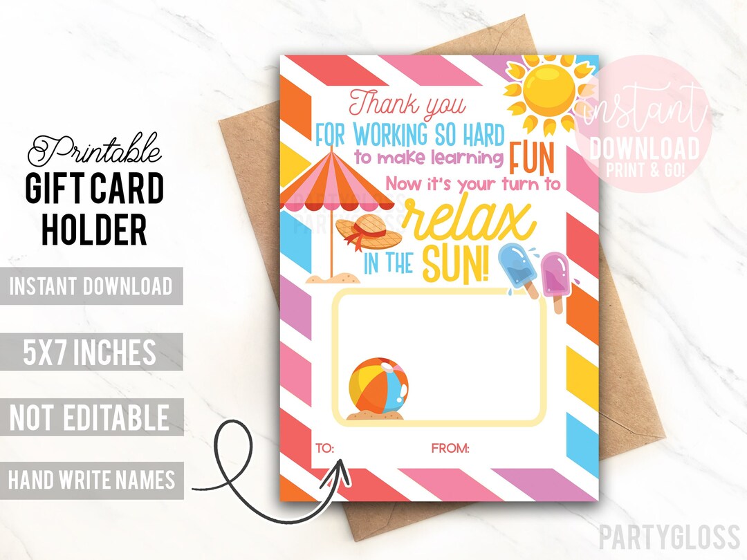 End of the Year Printable Gift Card Holder Teacher Appreciation Thank ...
