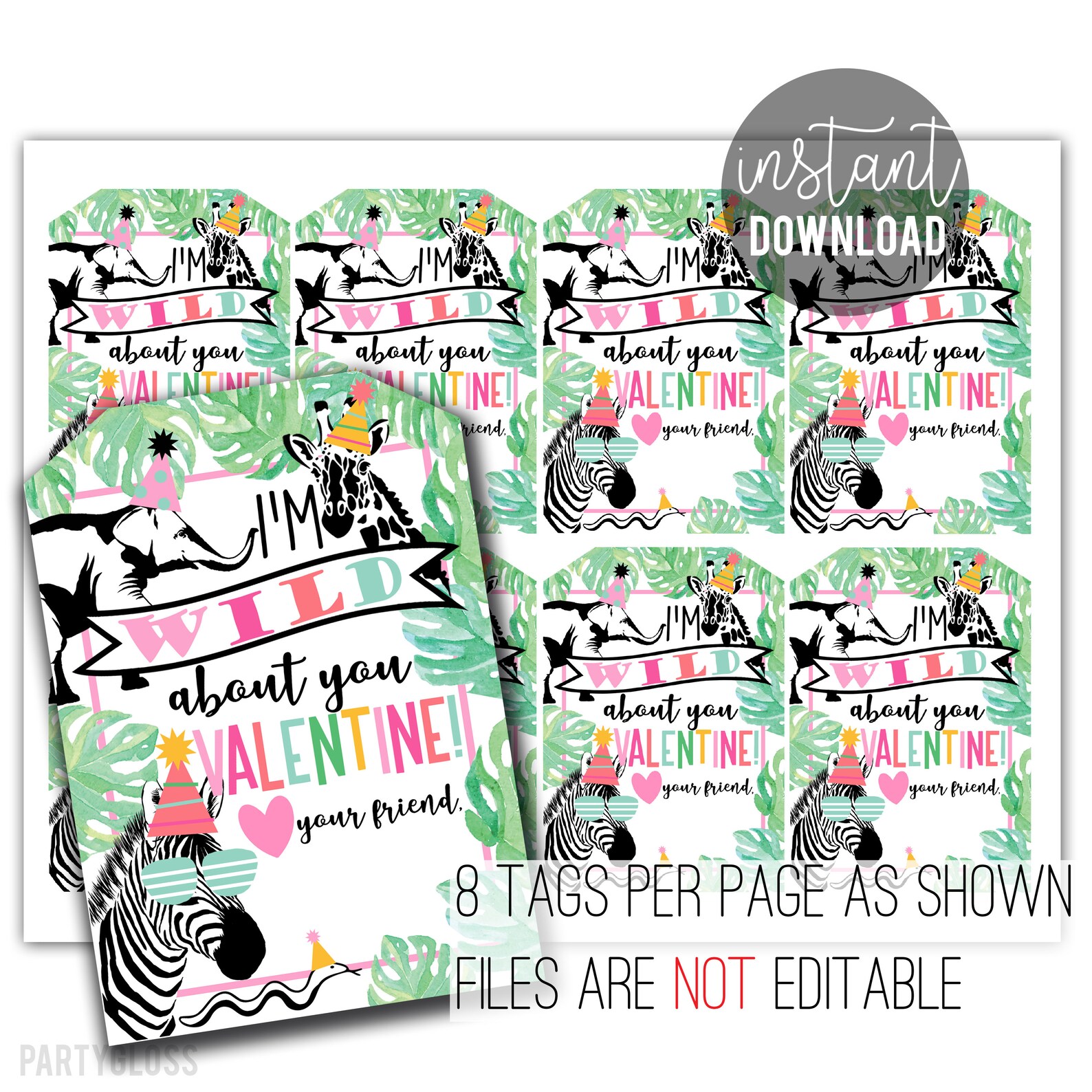 Wild Animal Valentine's Day Printable Tags Jungle - Etsy