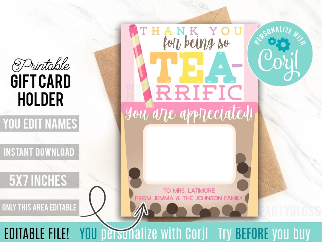 Editable Bubble Tea Appreciation Printable Gift Card Holder Thank You ...