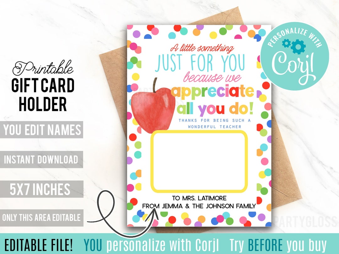 Editable Teacher Appreciation Printable Gift Card Holder A Little ...