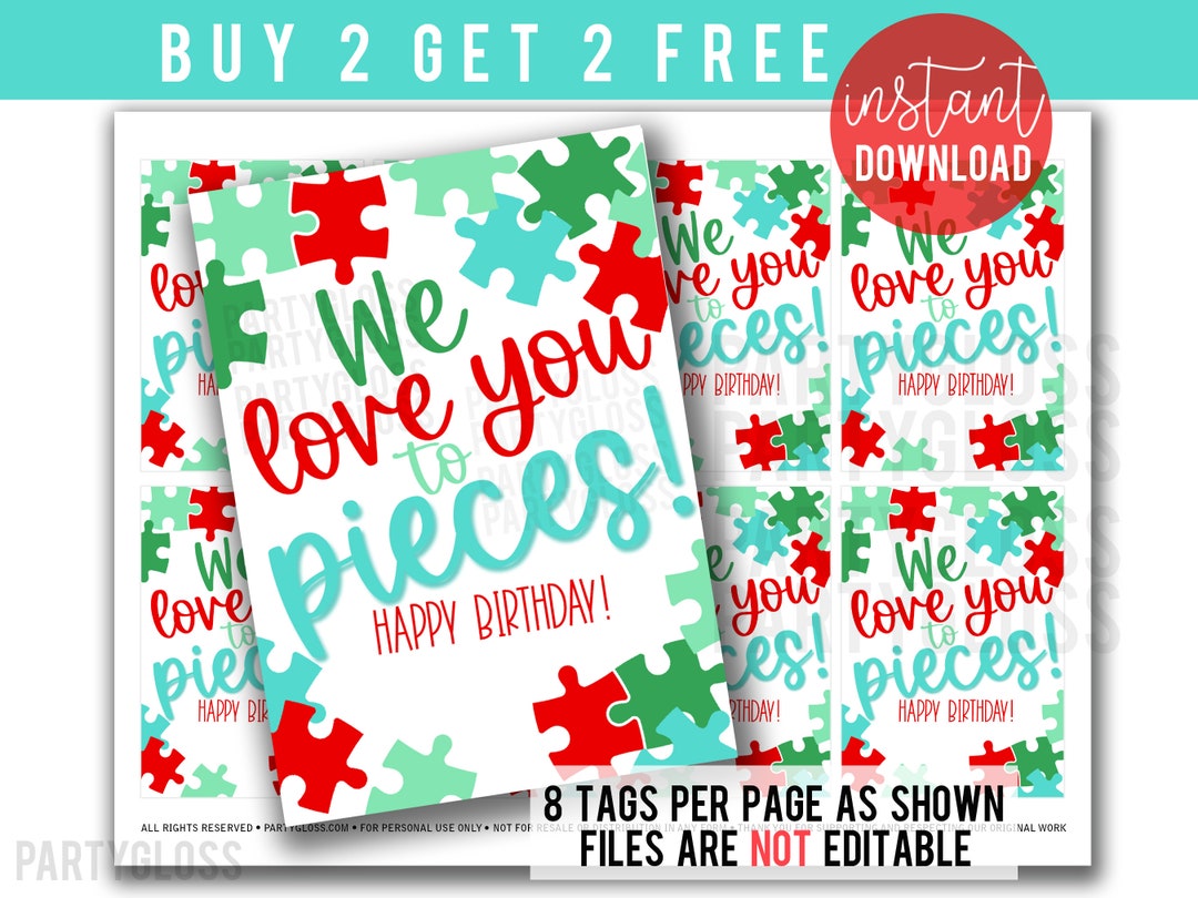 Love You to Pieces Printable Tag | Puzzle Birthday Tag | Puzzle ...