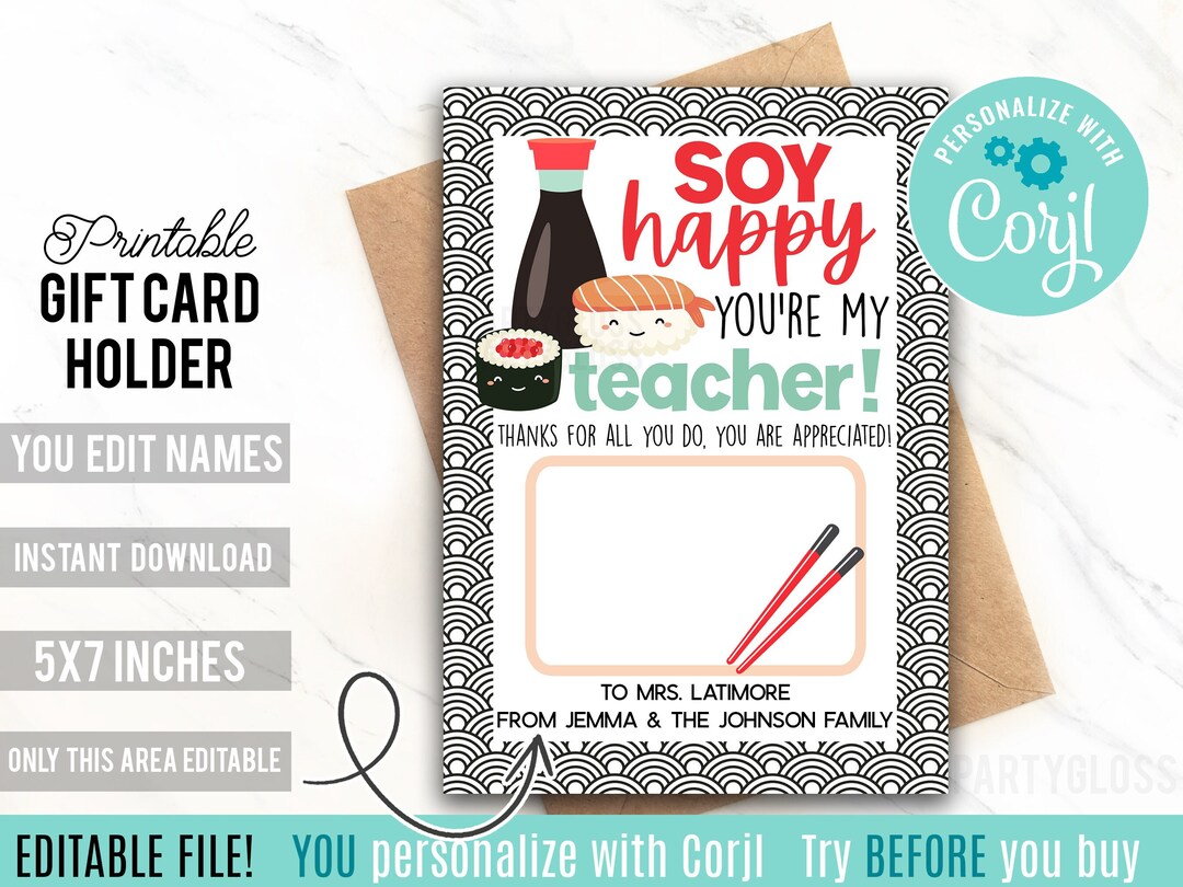 Editable Teacher Appreciation Printable Gift Card Holder Sushi Roll ...
