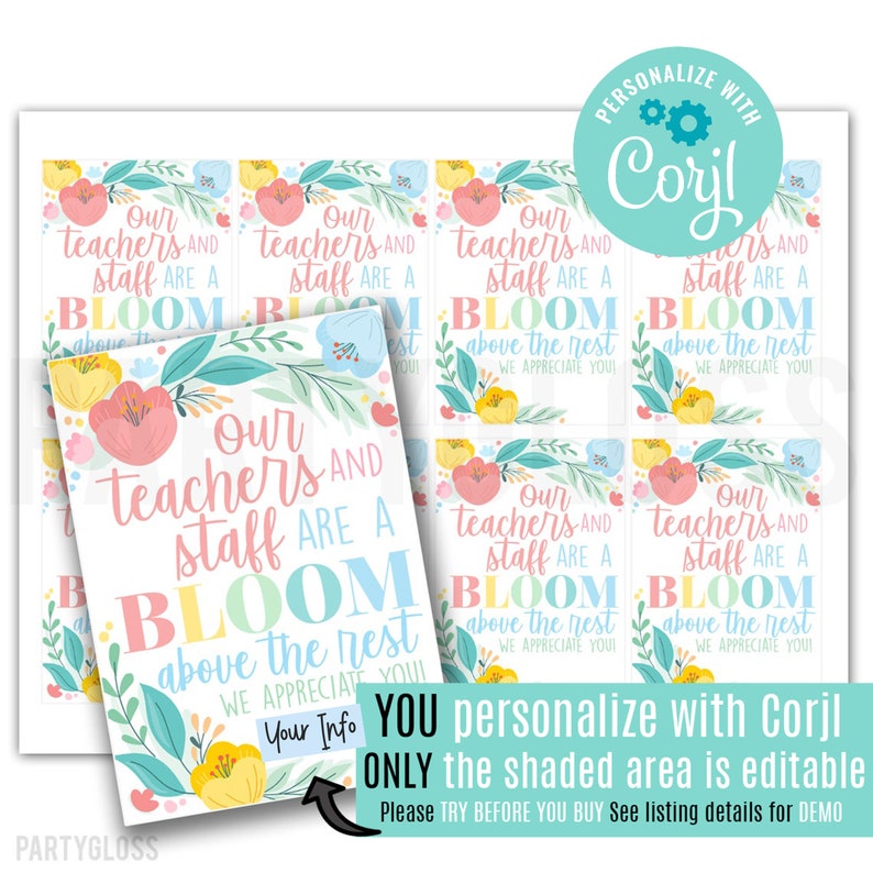Editable Teachers & Staff Appreciation Printable Tags Bloom | Etsy