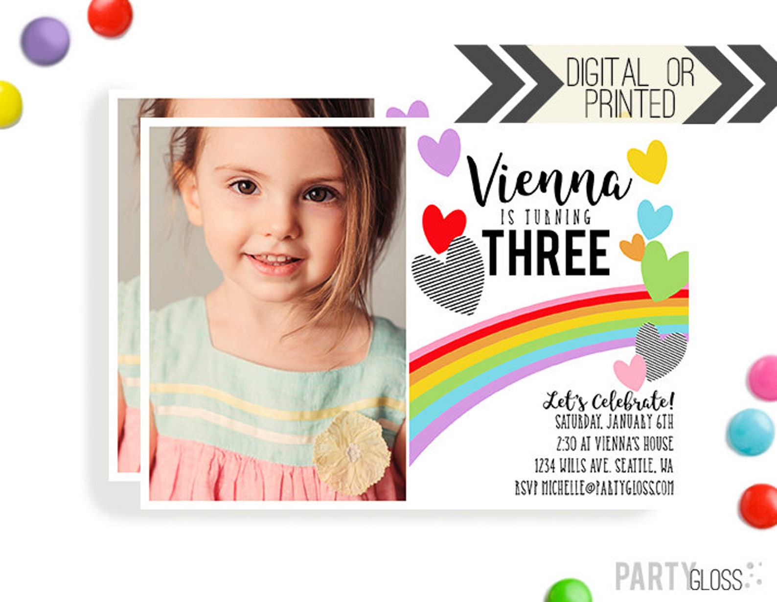 Rainbow Hearts Birthday Invitation Digital or Printed - Etsy